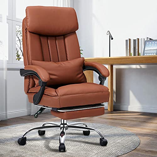 High Back Office Chair with Lumbar Support and Footrest, Leather Executive Computer Desk Chair with Padded Headrest and Armrest, Adjustable Height Tilt Angle Swivel Task Chair for Home Office (Brown)