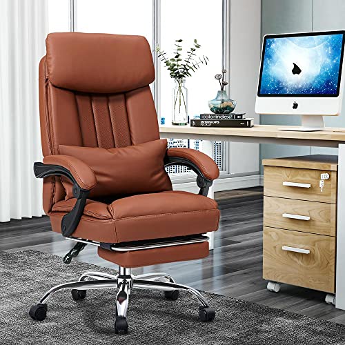 High Back Office Chair with Lumbar Support and Footrest, Leather Executive Computer Desk Chair with Padded Headrest and Armrest, Adjustable Height Tilt Angle Swivel Task Chair for Home Office (Brown)