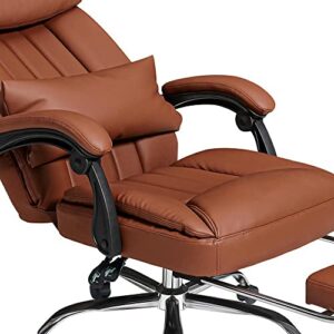 High Back Office Chair with Lumbar Support and Footrest, Leather Executive Computer Desk Chair with Padded Headrest and Armrest, Adjustable Height Tilt Angle Swivel Task Chair for Home Office (Brown)