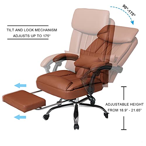 High Back Office Chair with Lumbar Support and Footrest, Leather Executive Computer Desk Chair with Padded Headrest and Armrest, Adjustable Height Tilt Angle Swivel Task Chair for Home Office (Brown)