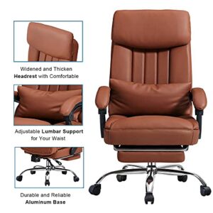 High Back Office Chair with Lumbar Support and Footrest, Leather Executive Computer Desk Chair with Padded Headrest and Armrest, Adjustable Height Tilt Angle Swivel Task Chair for Home Office (Brown)