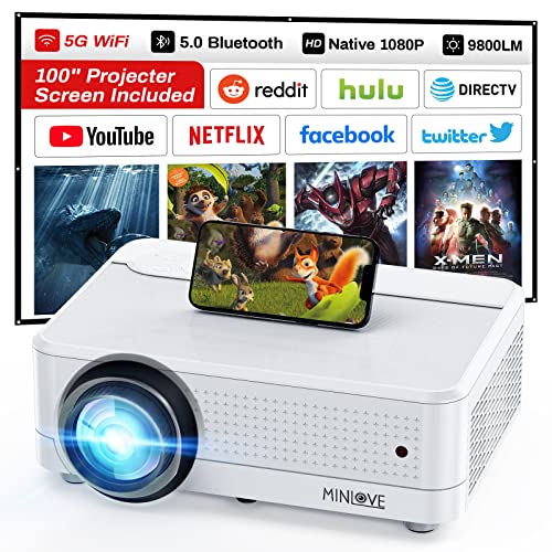 5G WiFi Bluetooth Projector,MINLOVE Native 1080P Home Movie Theater Projector with 100" Screen,450" Display 9800L Full HD Video Projector for Business Ceiling,for HDMI,iOS,Android,TV Stick,PC,PS5,USB