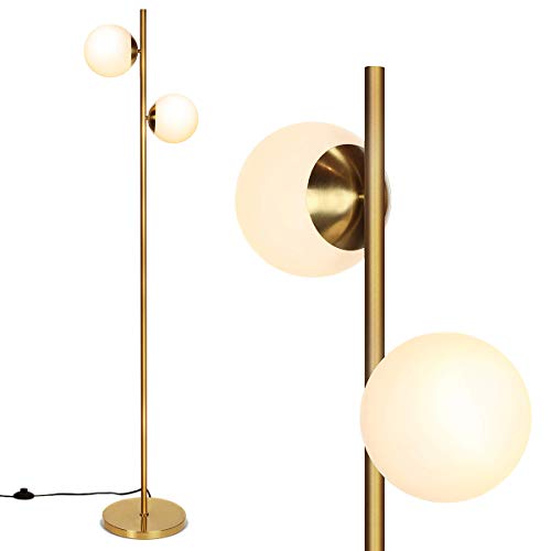 Tangkula Mid Century Globe Floor Lamp with 2 LED Bulbs for Living Room, Frosted Glass Lamp with Foot Switch, Modern Tall Pole Standing Light for Home Office, Indoor Sphere Floor Lamp (Antique Brass)