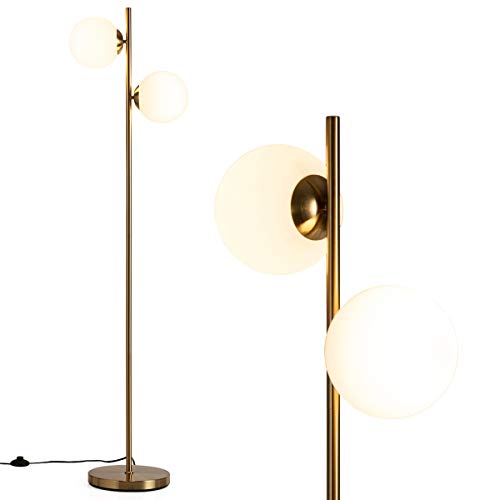 Tangkula Mid Century Globe Floor Lamp with 2 LED Bulbs for Living Room, Frosted Glass Lamp with Foot Switch, Modern Tall Pole Standing Light for Home Office, Indoor Sphere Floor Lamp (Antique Brass)