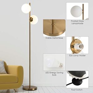 Tangkula Mid Century Globe Floor Lamp with 2 LED Bulbs for Living Room, Frosted Glass Lamp with Foot Switch, Modern Tall Pole Standing Light for Home Office, Indoor Sphere Floor Lamp (Antique Brass)