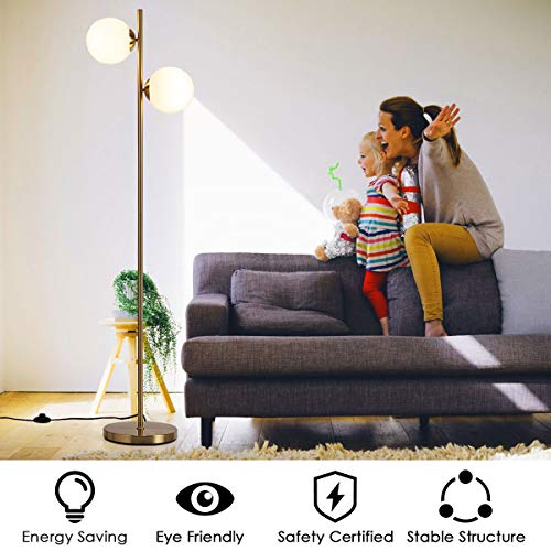 Tangkula Mid Century Globe Floor Lamp with 2 LED Bulbs for Living Room, Frosted Glass Lamp with Foot Switch, Modern Tall Pole Standing Light for Home Office, Indoor Sphere Floor Lamp (Antique Brass)