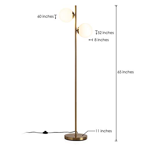 Tangkula Mid Century Globe Floor Lamp with 2 LED Bulbs for Living Room, Frosted Glass Lamp with Foot Switch, Modern Tall Pole Standing Light for Home Office, Indoor Sphere Floor Lamp (Antique Brass)