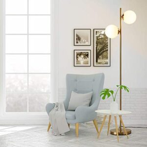 Tangkula Mid Century Globe Floor Lamp with 2 LED Bulbs for Living Room, Frosted Glass Lamp with Foot Switch, Modern Tall Pole Standing Light for Home Office, Indoor Sphere Floor Lamp (Antique Brass)