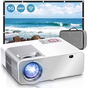 chimocee 5g wifi projector, 9500 lumens native 1080p full hd, outdoor&commercial movie with speakers, compatible hdmi/usb/tf/android/ios, [100”screen included], white, p6-1