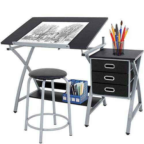 HomGarden Adjustable Drawing Desk Drafting Table Folding Art Craft Table Station w/Stool and 3 Storage Drawers