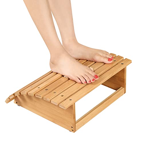 RekRang Foot Rest Under Desk,Bamboo Foot Stool with Massage Rollers & Non-Slip Legs Ergonomic Cambered Surface Foot Rest for Home Office School