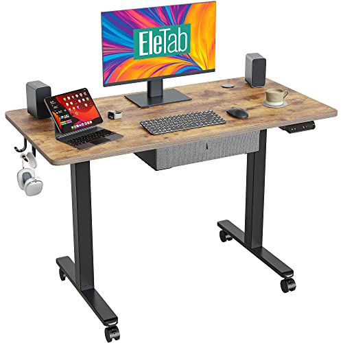 EleTab 48 x 24 Inch Electric Standing Desk with Drawer, Stand up Desk Adjustable Height for Home Office, Sit Stand Computer Desk, Ergonomic Workstation Black Steel Frame/Rustic Brown Tabletop