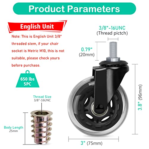 Hirate 3" Office Chair Casters Wheel with 3/8"-16UNC Threaded Stem Durable Gaming Chairs Casters Replacement Safe for Hardwood Tile Floors, Set of 5 with Screw Inserts