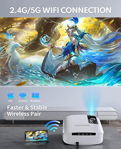 5G WiFi Bluetooth Projector Native 1080P, GooDee Outdoor Movie Projector with 300" Display Video Projector with Zoom & 4 Point Keystone for TV Stick, iOS, Android Dolby Audio & 4K Projector Support