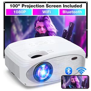 projector, howwoo projector with wifi and bluetooth 9000l native 1080p full hd mini projector with 100″ screen, 300″ display outdoor movie projector with zoom, compatible with tv stick phone laptop