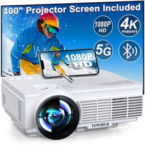 projector with 5g wifi and bluetooth native 1080p with 32gb ultra flair usb 3.0 flash drive, yowhick outdoor projector 4k support, mini portable movie projector with screen