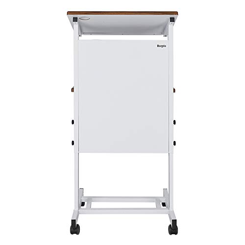 Bonnlo Mobile Stand Up Lectern Height Adjustable Podium with Wheels, Portable Heavy Duty Desk, Church Pulpit or Ceremony, Classroom Lecture Speech Teach Platform, Walnut Tabletop and White Steel Frame