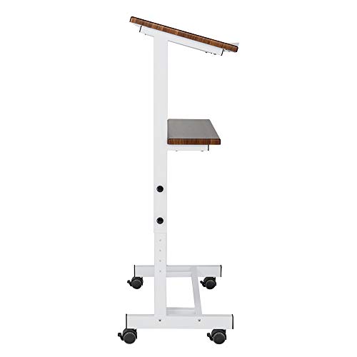 Bonnlo Mobile Stand Up Lectern Height Adjustable Podium with Wheels, Portable Heavy Duty Desk, Church Pulpit or Ceremony, Classroom Lecture Speech Teach Platform, Walnut Tabletop and White Steel Frame