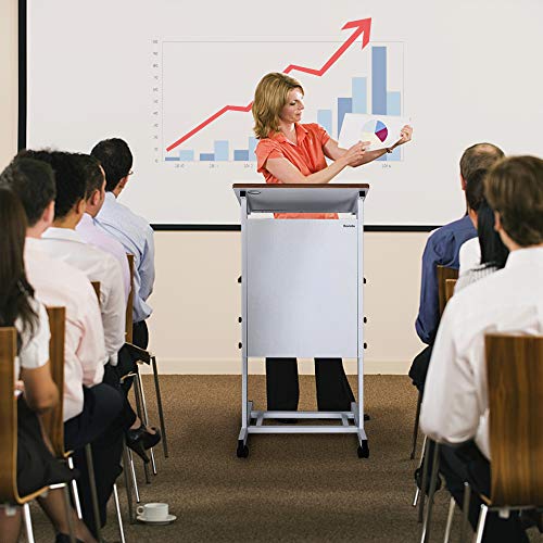 Bonnlo Mobile Stand Up Lectern Height Adjustable Podium with Wheels, Portable Heavy Duty Desk, Church Pulpit or Ceremony, Classroom Lecture Speech Teach Platform, Walnut Tabletop and White Steel Frame