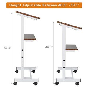 Bonnlo Mobile Stand Up Lectern Height Adjustable Podium with Wheels, Portable Heavy Duty Desk, Church Pulpit or Ceremony, Classroom Lecture Speech Teach Platform, Walnut Tabletop and White Steel Frame