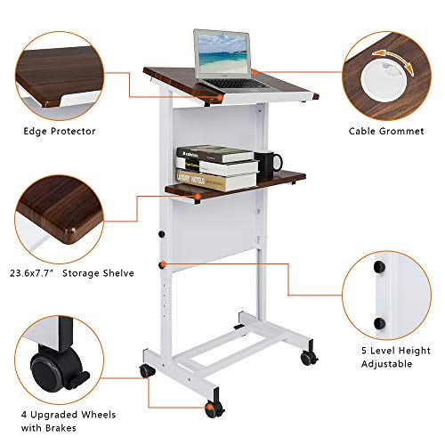 Bonnlo Mobile Stand Up Lectern Height Adjustable Podium with Wheels, Portable Heavy Duty Desk, Church Pulpit or Ceremony, Classroom Lecture Speech Teach Platform, Walnut Tabletop and White Steel Frame