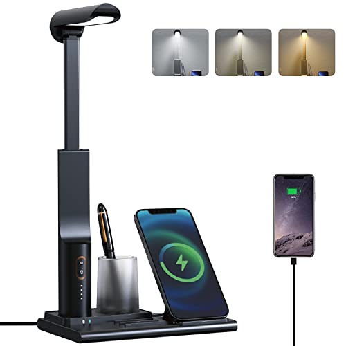 Mostop Led Desk Lamp, Desk Lamp with Wireless Charger 15W, USB Charging Port, Eye Protection Table Lamp with Pen Holder, Small Desk Study Lamp for Home Office,3 Brightness Levels