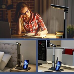 Mostop Led Desk Lamp, Desk Lamp with Wireless Charger 15W, USB Charging Port, Eye Protection Table Lamp with Pen Holder, Small Desk Study Lamp for Home Office,3 Brightness Levels