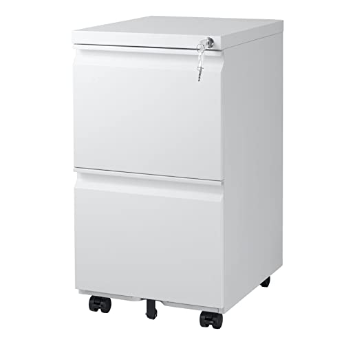 HOMEER 2 Drawer Mobile File Cabinet with Lock and Wheel,Anti-tilt Design Metal Vertical Filing Cabinet,Rolling Desk Filing Cabinet fits Letter/Legal Size for Home Office(White)