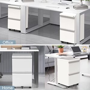 HOMEER 2 Drawer Mobile File Cabinet with Lock and Wheel,Anti-tilt Design Metal Vertical Filing Cabinet,Rolling Desk Filing Cabinet fits Letter/Legal Size for Home Office(White)