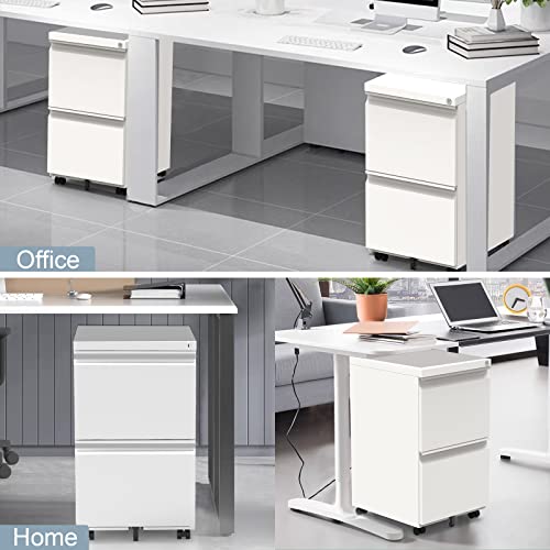 HOMEER 2 Drawer Mobile File Cabinet with Lock and Wheel,Anti-tilt Design Metal Vertical Filing Cabinet,Rolling Desk Filing Cabinet fits Letter/Legal Size for Home Office(White)