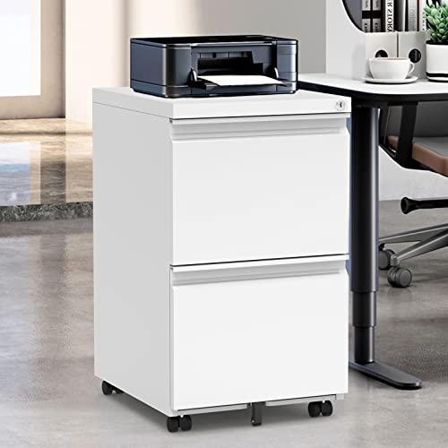 HOMEER 2 Drawer Mobile File Cabinet with Lock and Wheel,Anti-tilt Design Metal Vertical Filing Cabinet,Rolling Desk Filing Cabinet fits Letter/Legal Size for Home Office(White)