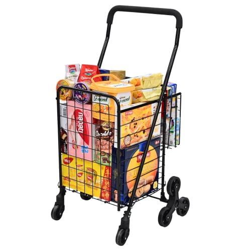 Extra Large Folding Shopping Cart, Grocery Cart, Utility Cart with Double Basket & Swivel Wheels, Shopping Cart for Groceries, Laundry, Books, Luggage, Travel, Easy to Assemble