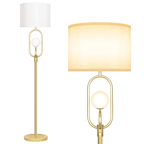 Yolsunes Modern Gold Floor Lamp with Night Light, Brass Standing Lamp White Linen Shade, Globe Stand Up Lamp 67’’ Tall Lamps for Living Room Nursery Bedroom Office, 3W 2700K Led Included, E26 Base