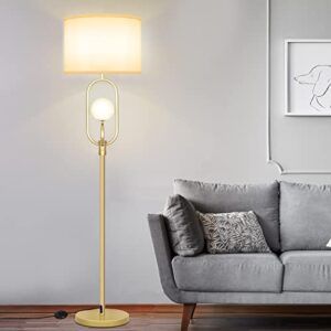 Yolsunes Modern Gold Floor Lamp with Night Light, Brass Standing Lamp White Linen Shade, Globe Stand Up Lamp 67’’ Tall Lamps for Living Room Nursery Bedroom Office, 3W 2700K Led Included, E26 Base