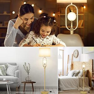 Yolsunes Modern Gold Floor Lamp with Night Light, Brass Standing Lamp White Linen Shade, Globe Stand Up Lamp 67’’ Tall Lamps for Living Room Nursery Bedroom Office, 3W 2700K Led Included, E26 Base