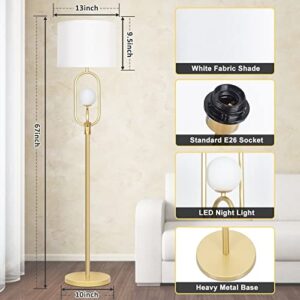 Yolsunes Modern Gold Floor Lamp with Night Light, Brass Standing Lamp White Linen Shade, Globe Stand Up Lamp 67’’ Tall Lamps for Living Room Nursery Bedroom Office, 3W 2700K Led Included, E26 Base