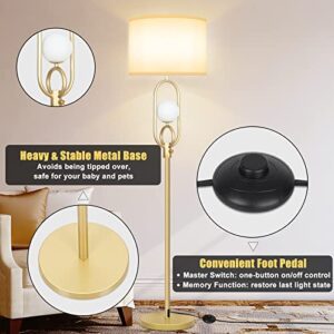 Yolsunes Modern Gold Floor Lamp with Night Light, Brass Standing Lamp White Linen Shade, Globe Stand Up Lamp 67’’ Tall Lamps for Living Room Nursery Bedroom Office, 3W 2700K Led Included, E26 Base