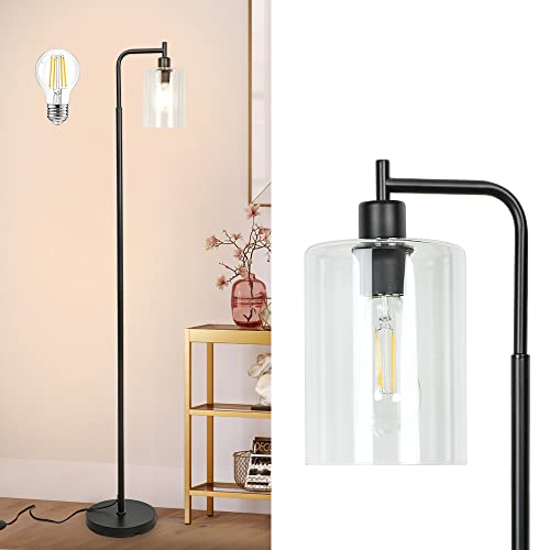 Depuley Black Floor Lamp, Industrial LED Floor Lamps with Hanging Glass Shade, Farmhouse Standing Lamp Modern Tall Pole Lighting for Living Room, Bedroom, Office, Study Room, E26 Bulb Included