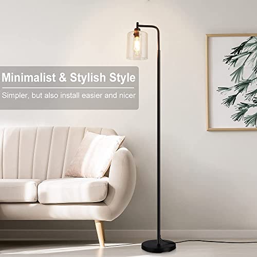 Depuley Black Floor Lamp, Industrial LED Floor Lamps with Hanging Glass Shade, Farmhouse Standing Lamp Modern Tall Pole Lighting for Living Room, Bedroom, Office, Study Room, E26 Bulb Included