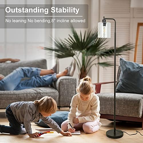 Depuley Black Floor Lamp, Industrial LED Floor Lamps with Hanging Glass Shade, Farmhouse Standing Lamp Modern Tall Pole Lighting for Living Room, Bedroom, Office, Study Room, E26 Bulb Included