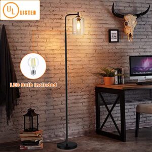 Depuley Black Floor Lamp, Industrial LED Floor Lamps with Hanging Glass Shade, Farmhouse Standing Lamp Modern Tall Pole Lighting for Living Room, Bedroom, Office, Study Room, E26 Bulb Included