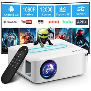 xgody portable smart projector x1 native 1080p android tv 9.0 bluetooth 5g wifi 12000 lumen portable projector, support 200” 8k vedio outdoor projector with 4p keystone preinstall youtube netflix