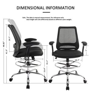 Drafting Chair, Height Adjustable Tall Office Chair, Standing Desk Chair with Adjustable Foot Ring and Flip-Up Arms, Black