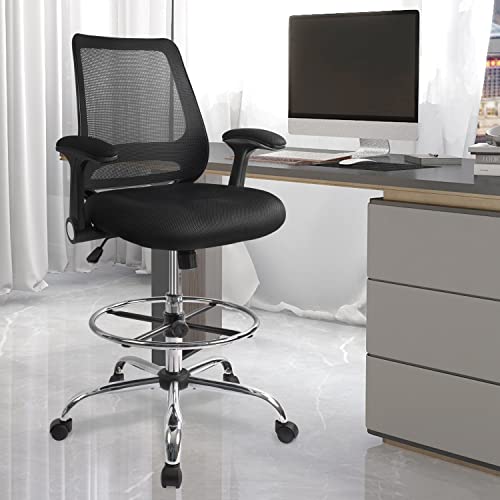 Drafting Chair, Height Adjustable Tall Office Chair, Standing Desk Chair with Adjustable Foot Ring and Flip-Up Arms, Black