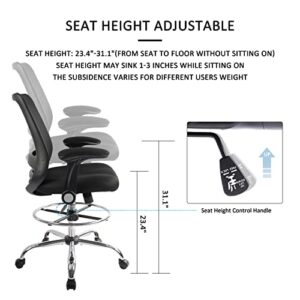 Drafting Chair, Height Adjustable Tall Office Chair, Standing Desk Chair with Adjustable Foot Ring and Flip-Up Arms, Black