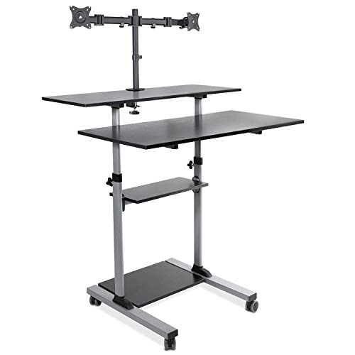 Mount-It! Mobile Standing Desk with Dual Monitor Mount - 40 Inch Wide Height Adjustable Rolling Computer Workstation with Four Wheels,