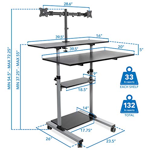 Mount-It! Mobile Standing Desk with Dual Monitor Mount - 40 Inch Wide Height Adjustable Rolling Computer Workstation with Four Wheels,