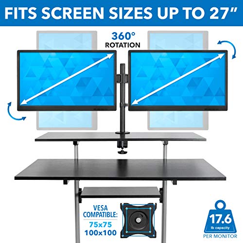 Mount-It! Mobile Standing Desk with Dual Monitor Mount - 40 Inch Wide Height Adjustable Rolling Computer Workstation with Four Wheels,