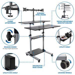 Mount-It! Mobile Standing Desk with Dual Monitor Mount - 40 Inch Wide Height Adjustable Rolling Computer Workstation with Four Wheels,