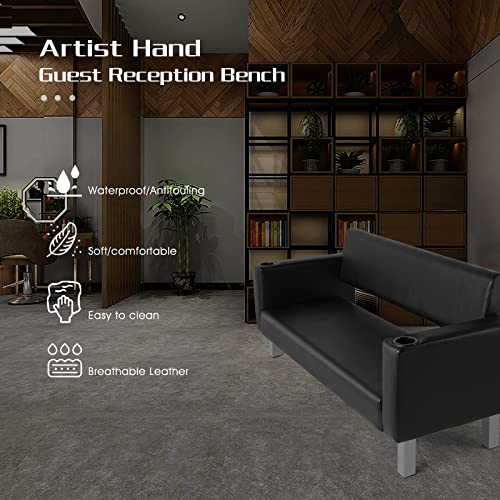 Artist hand Reception Chairs Waiting Room Bench Guest Chairs Draped in PVC Leather, 60.6'' Conference Room Chairs with 2 Cup Holder Office Couch Stainless Steel Base Beauty Equipment